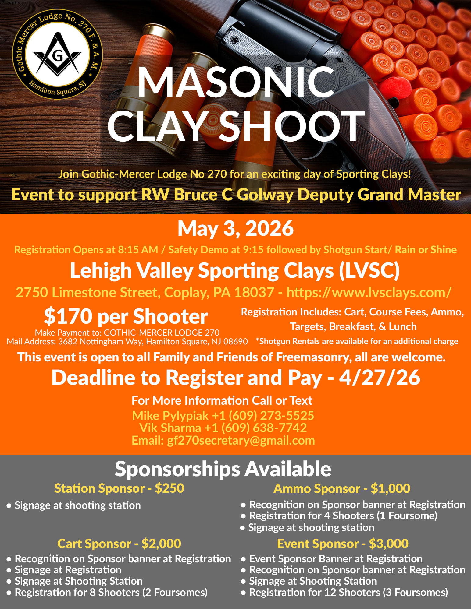 May 3, 2026 Clay Shoot – Grand Lodge of New Jersey